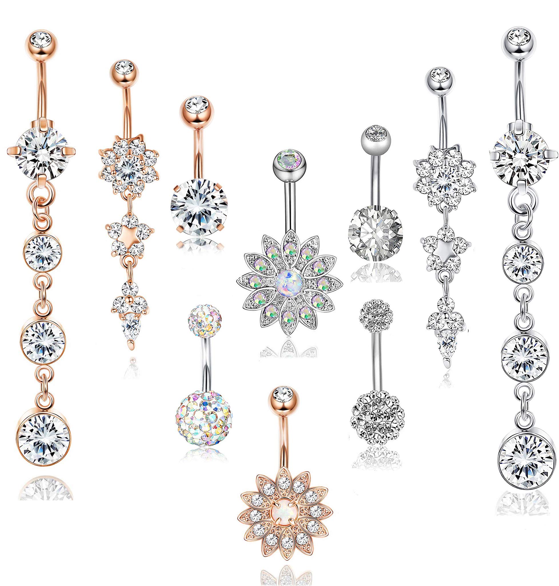 FIBO STEEL 10 Pcs 14G Stainless Steel Dangle Belly Button Rings Navel Barbell Body Jewelry Piercing