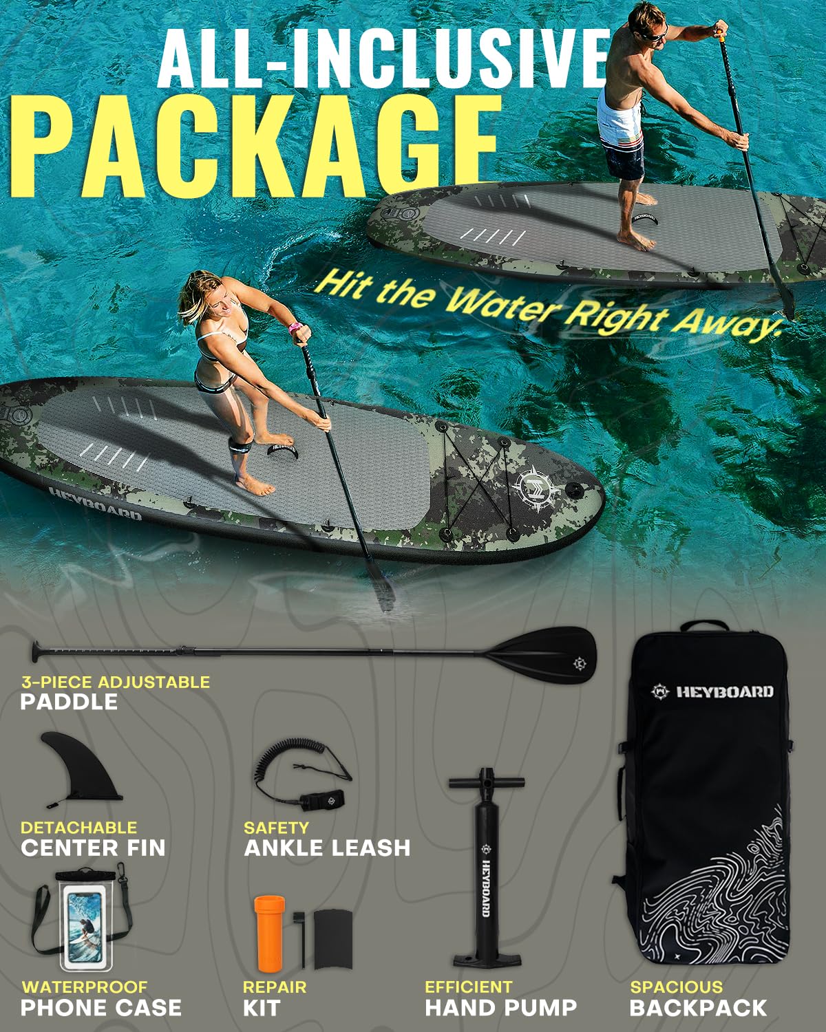 HEYBOARD Inflatable Stand Up Paddleboard with Premium SUP Accessories & Backpack Non-Slip Deck Leash Paddle Hand Pump Waterproof Phone Case for Youth & Adult, 10'6"x32"x6" Grey