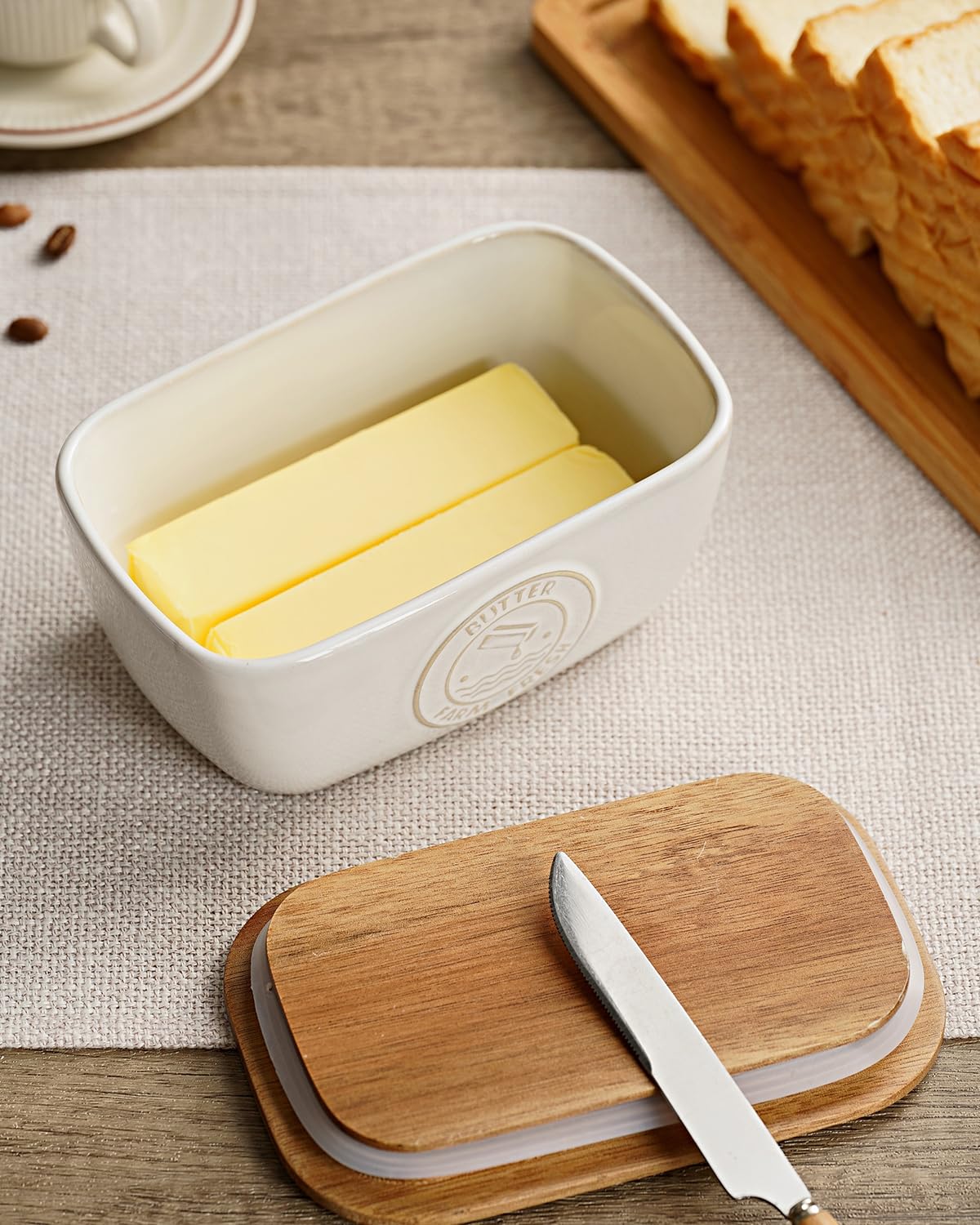 Getstar Ceramic Butter Dish with Acacia Lid for Countertop, Silicone Sealing, Farmhouse Kitchen Counter Decor, Large Butter Keeper Container (6.5βx4β)