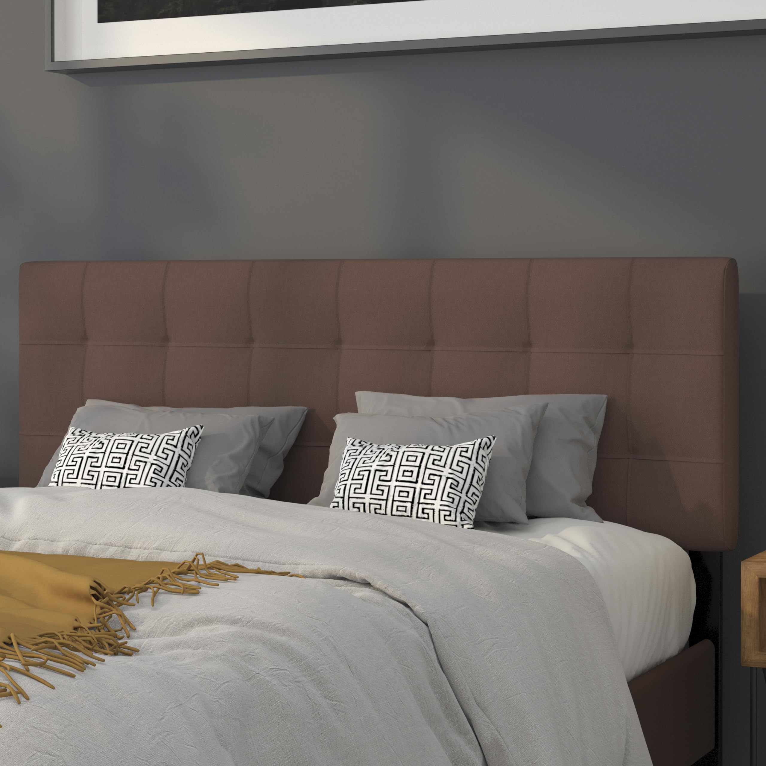 EMMA + OLIVER Quilted Tufted Upholstered Queen Size Headboard in Beige Fabric