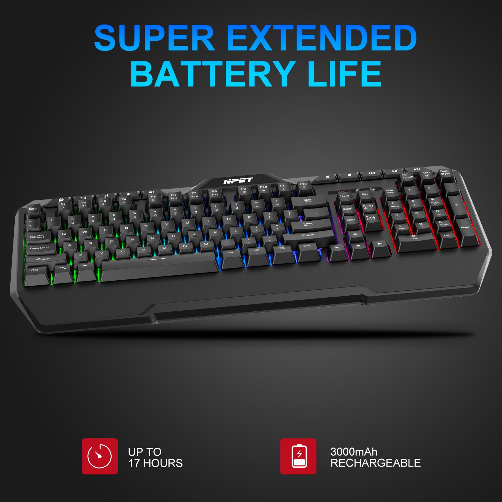 NPET K32 Wireless Gaming Keyboard RGB with Wrist Rest - Long-Lasting Rechargeable Battery - Quick and Quiet Typing - Water Resistant Backlit Wireless Keyboard for PC PS5 PS4 Xbox One Mac - Black
