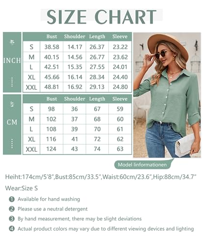 Women's Button Down Shirt Work Business Casual 3/4 Sleeve Tops Rolled Up Plus Size Shirts V Neck Curved Hem Chiffon Blouse Tops Light Green