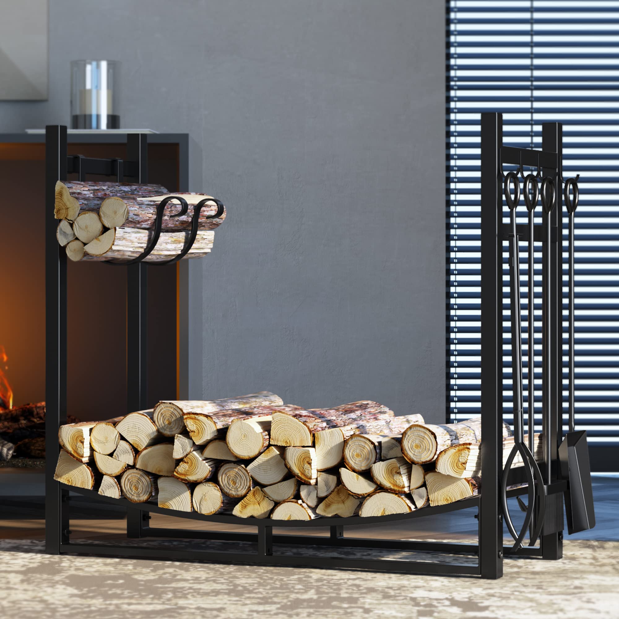 Fire Beauty Fireplace Log Rack with Kindling Holder Firewood Holder for Wood Storage Storage Log Holder Include 4 Tools (19.8)