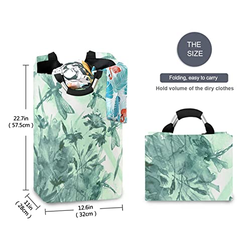 Kigai Beautiful Watercolor Dragonfly Large Laundry Basket, Collapsible Laundry Hamper with Handle, 22L Foldable Laundry Bag for Dirty Clothes