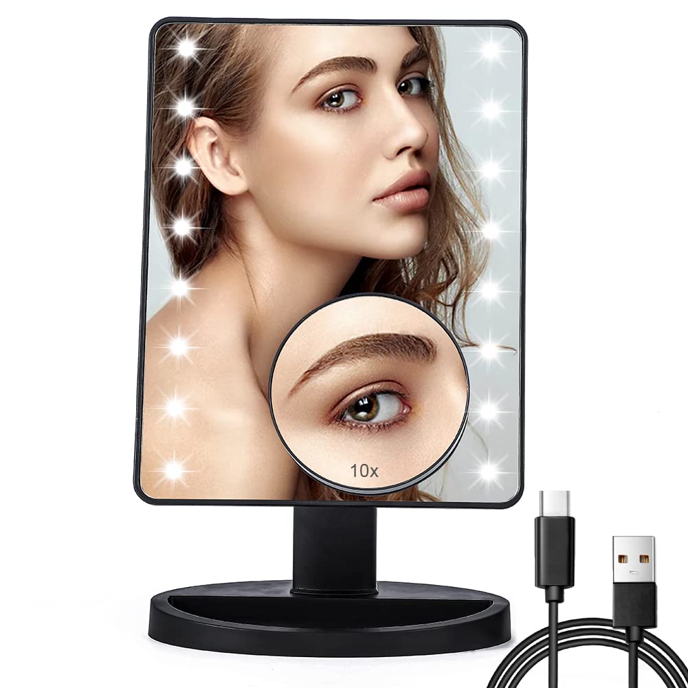 XKWL Makeup Vanity Mirror with 3 Color Lights and 10X Magnifying Mirror, 16 LED Lighted Mirror with Touch Sensor Dimming, USB Rechargable & Battery Operated Cosmetic Mirror (Black)