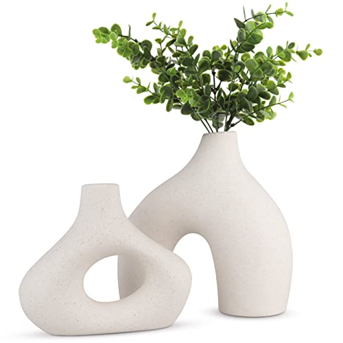 White Ceramic Vases - Modern Round Matte Donut Design for Pampas Grass and Flowers - Ideal for Minimalist, Boho, and Modern Home Decor, Shelf Decor, Vases for Decor (Set of 2)