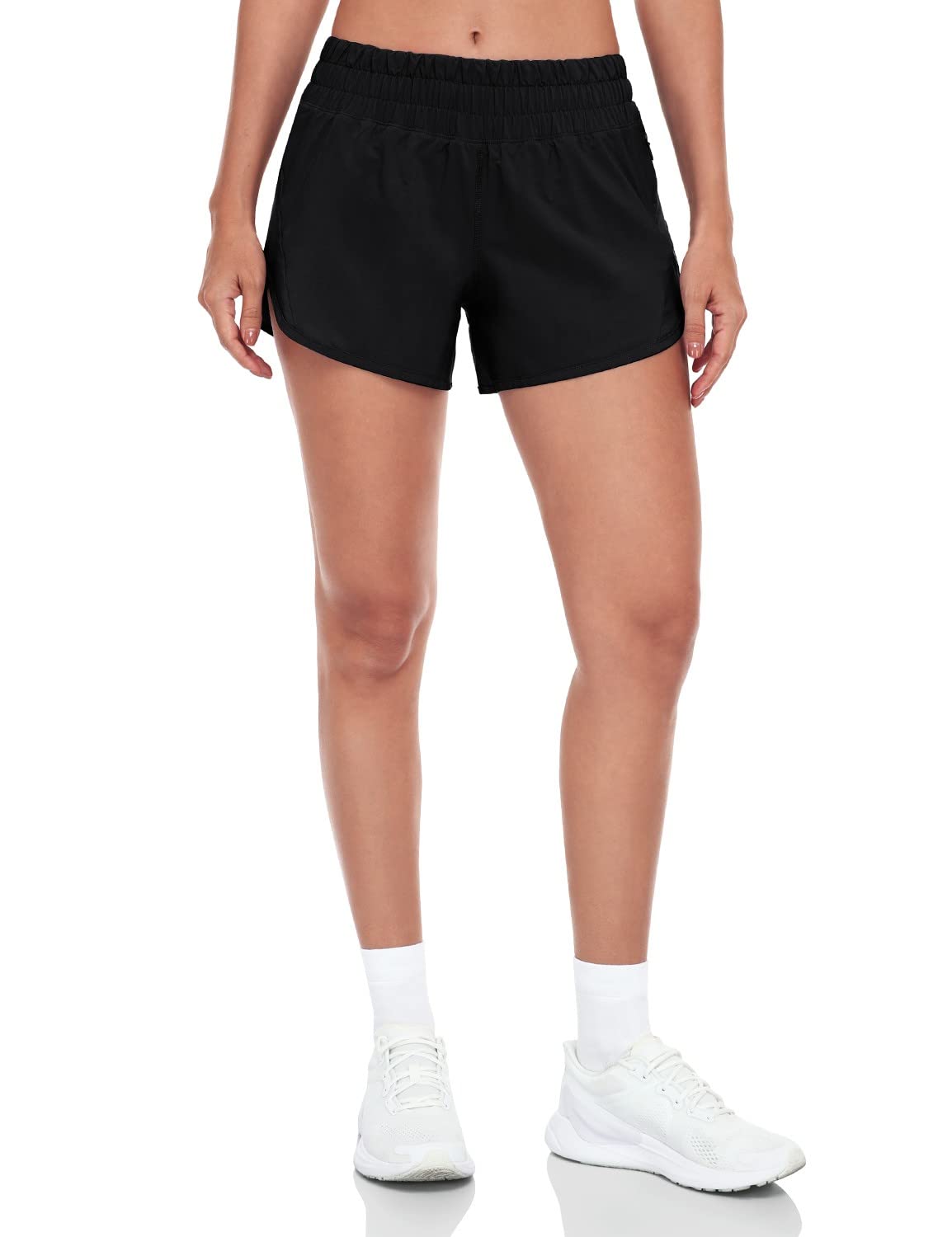HeyNuts Stride Running Shorts for Women, Mid Waisted Athletic Shorts with Side Pocket Workout Shorts with Liner 4'' Black M(8/10)