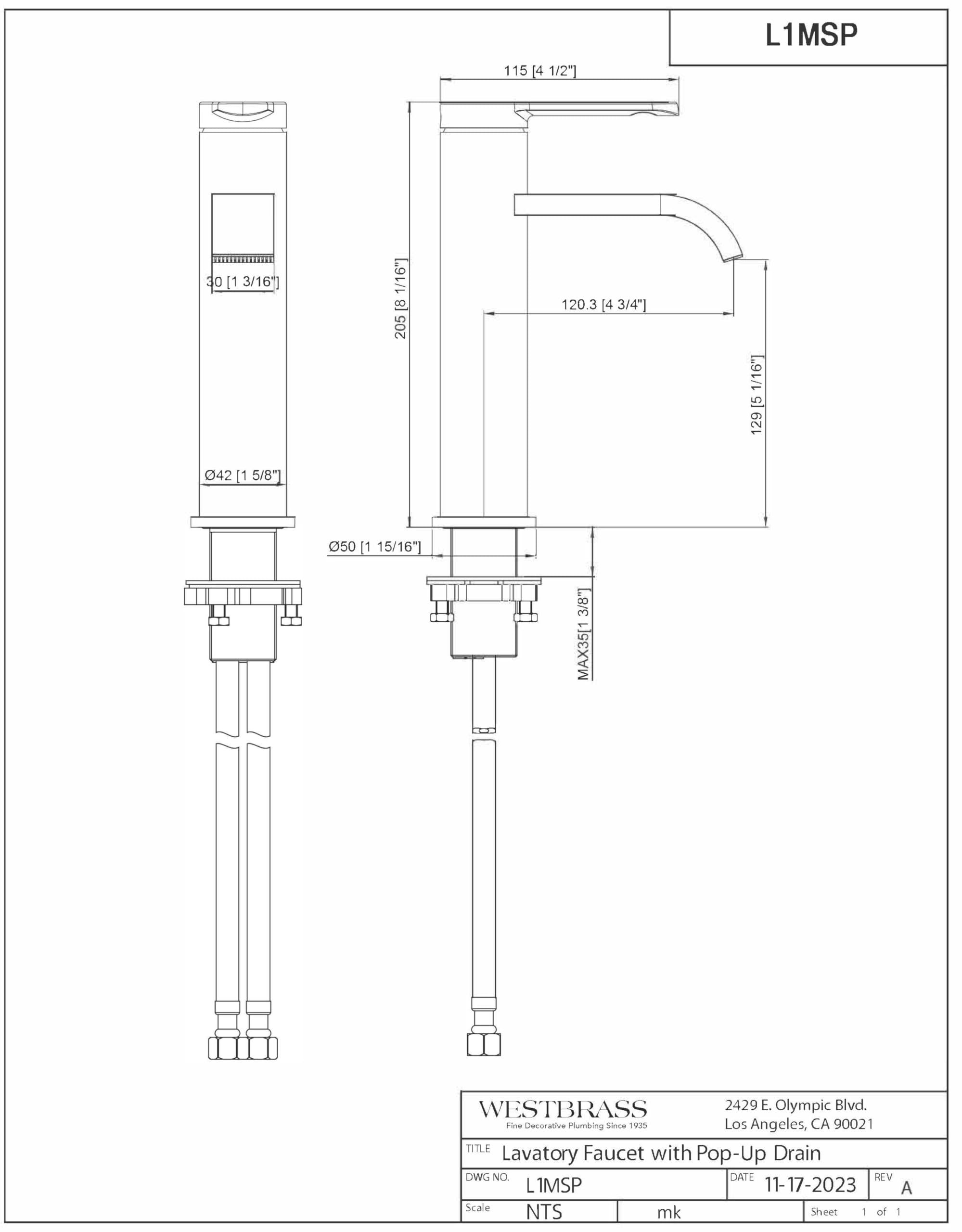 Westbrass L1MSP-62 8" Single Handle Lavatory Faucet with Pop-Up Drain Assembly, Matte Black
