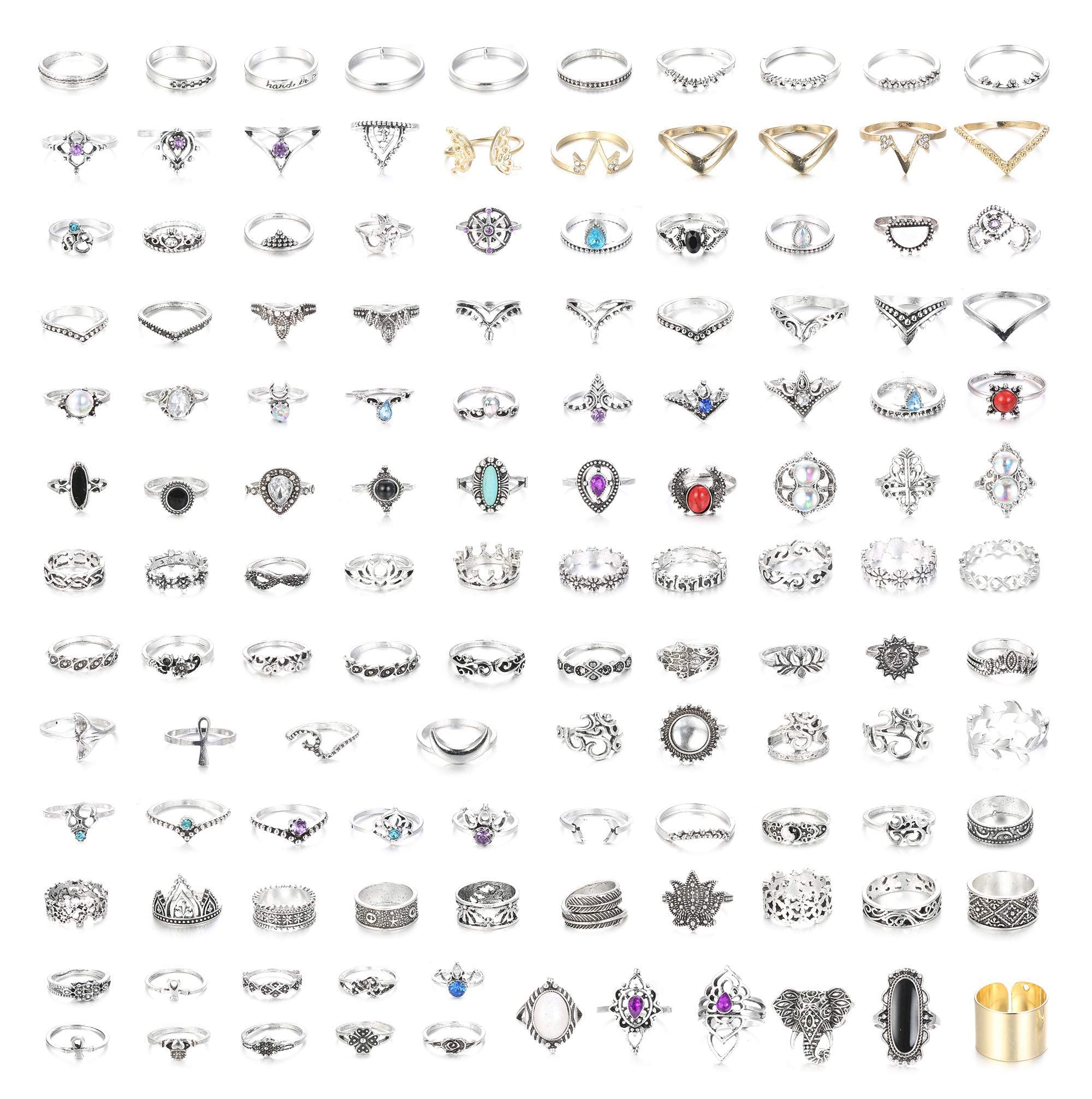FIBO STEEL 118 Pcs Knuckle Rings Set Vintage Hollow Rings Stackable Finger Rings for Women