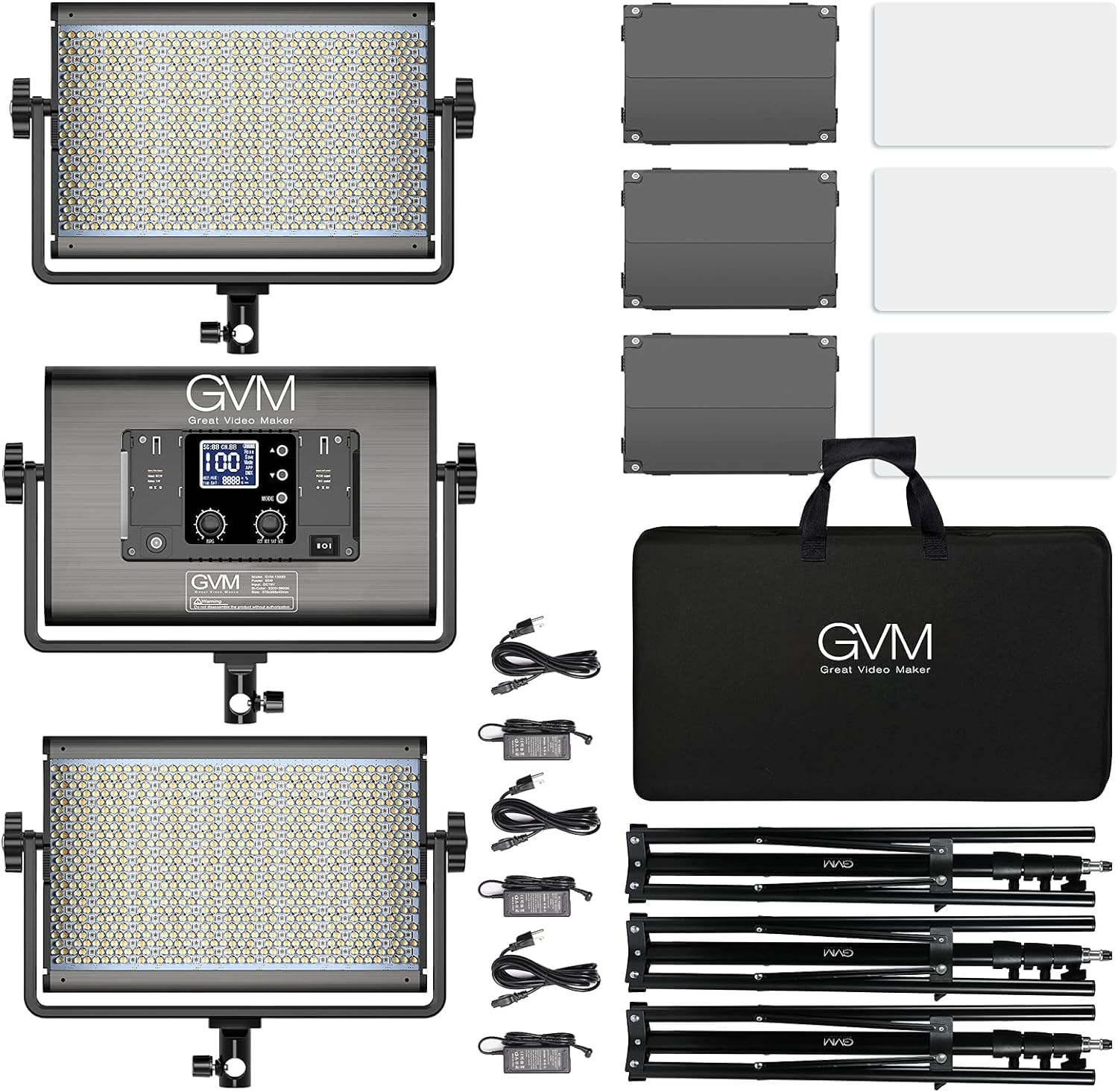 GVM 65W RGB Video Light with Bluetooth Control, 1300D LED Video Lighting Kit, 25000lux/0.5m, 360° Full Color Photography Lighting Kit, 3 Packs Led Panel Light for YouTube, Web Conference, Streaming