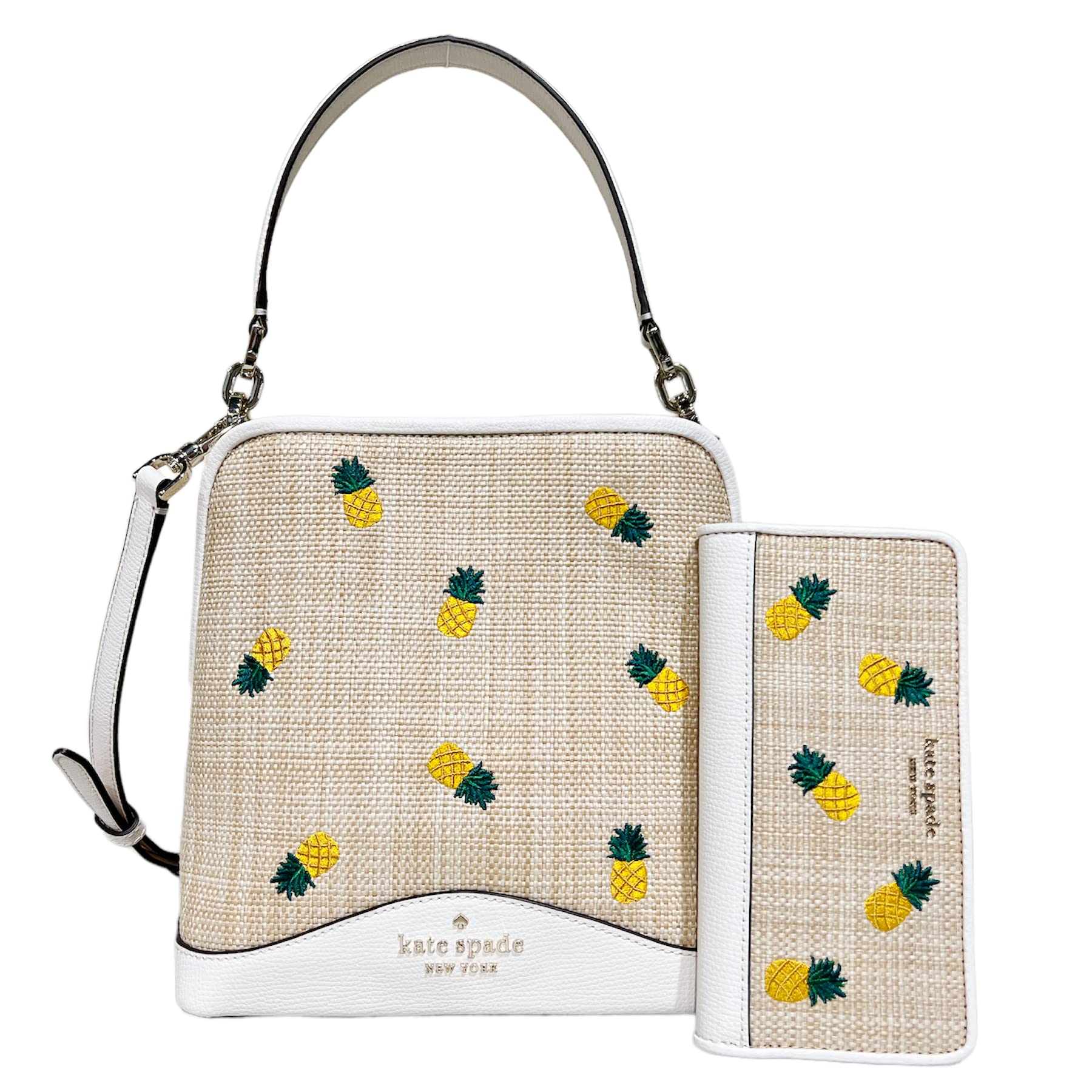KATE SPADE Darcy Pineapple Embroidered Bucket Bag Crossbody Straw Parchment Bundled New York Darcy Pineapple Embroidered Large Slim Bifold Wallet