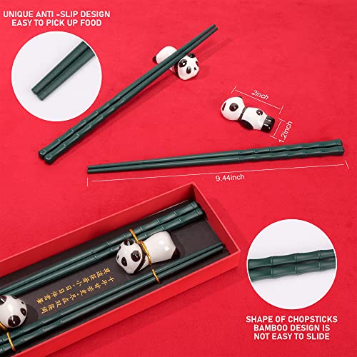 GROWORD 2 Pairs Reusable Panda Chopstick and Chopstick Rest Gift Set, Dishwasher Safe Chopsticks with Adorable Panda Rest and Red Gift Case,Non-slip Design & Easy to Use(Green)