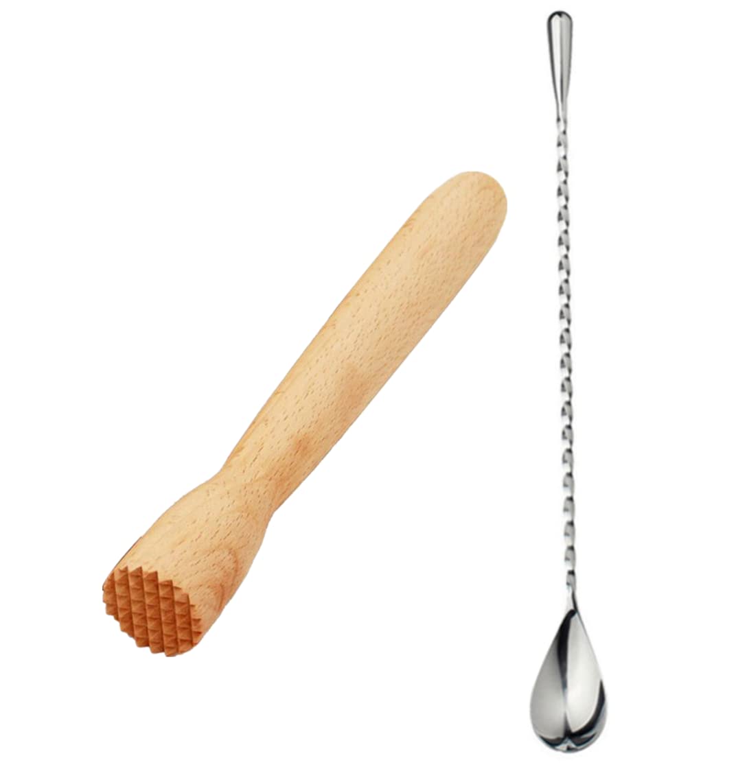 Nanli Wooden Cocktail Muddler 12 Inch Spiral Mixing Spoon Stainless Steel Shaker Spiral Spoon for Home Making Drinks Juice Cocktails