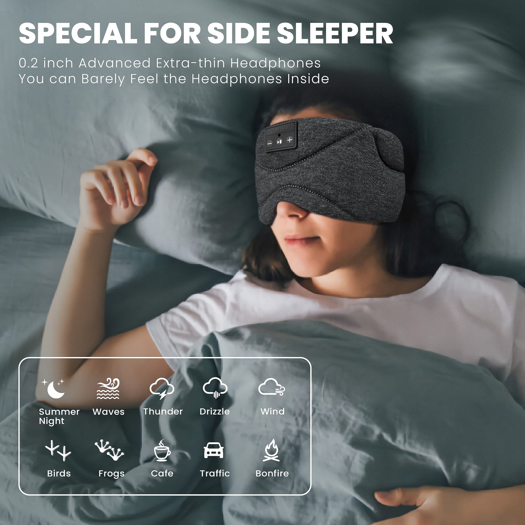 Flashmen Bluetooth Sleep Mask with White Noise Blackout Light Ice-Feeling Extra Soft Modal Lining Sleep Eye Mask Ultra-Thin Sleeping Headphones (Gray)