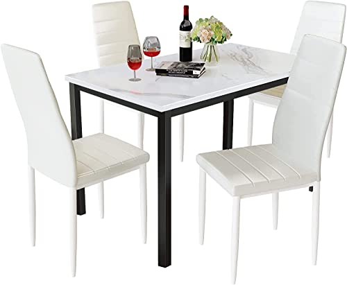 tantohom Marble Top Style Dining Table Set for 4, Metal Frame Furniture Kitchen Table and Chairs for 4, Dinette Breakfast Nook Table Set with 4 Pu Leather Chairs for Dining Room…