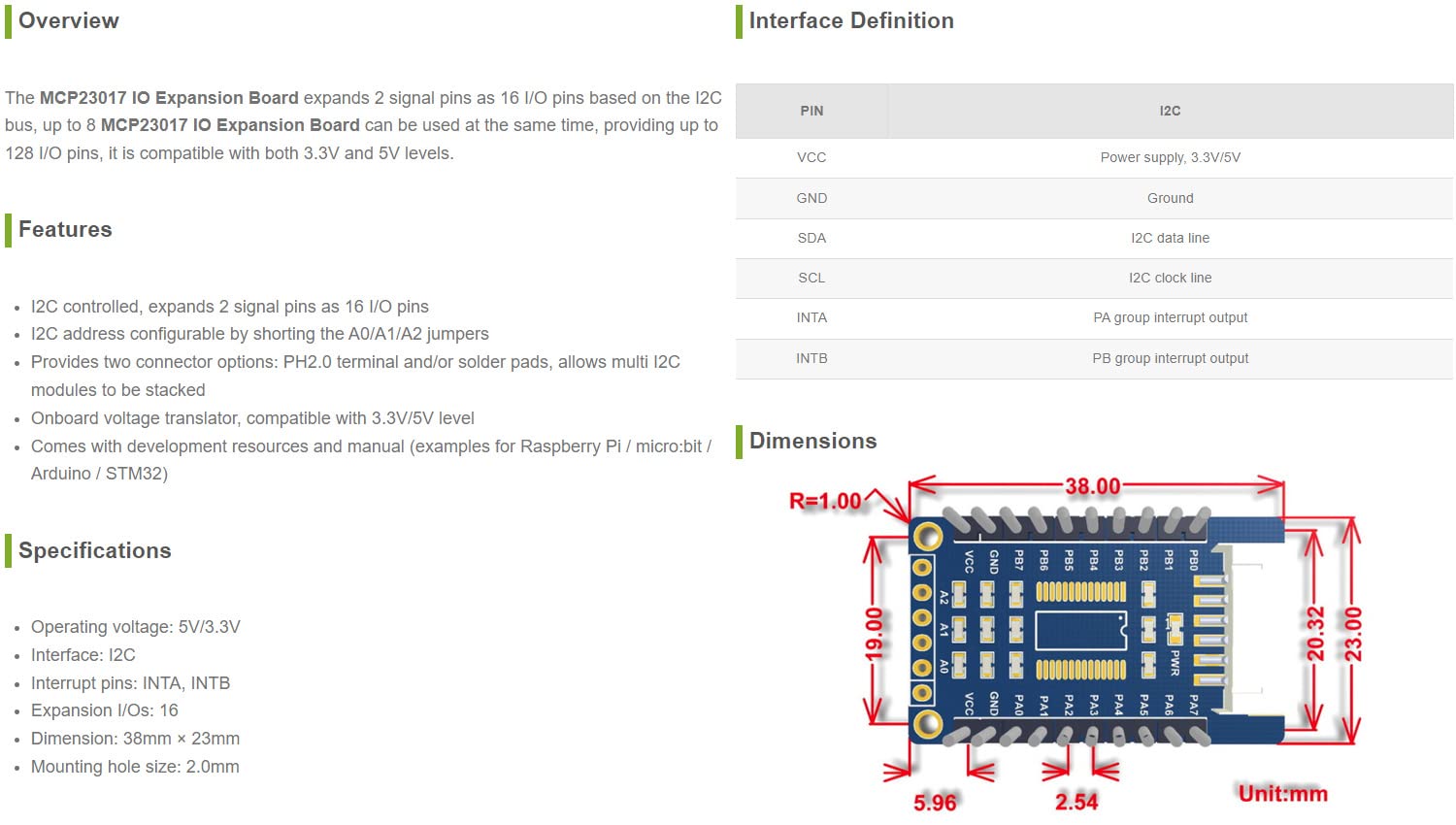 Waveshare MCP23017 IO Expansion Board Compatible with Both 3.3V and 5V Levels I2C Interface Expands 16 I/O Pins