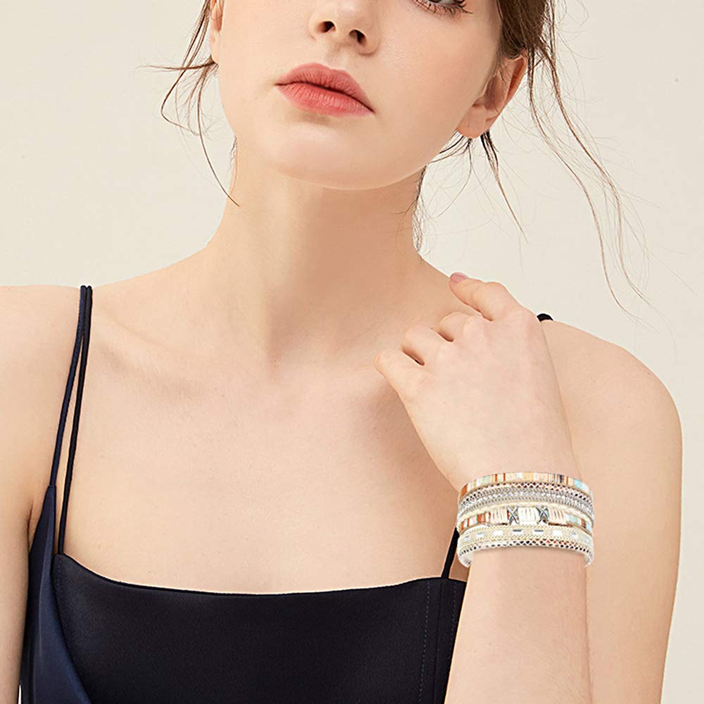 FIBO STEEL Leather Cuff Bracelet, Boho Wrap Bangle for Women, Handmade Multi-Layer Cuff, Braided Rope, D Color