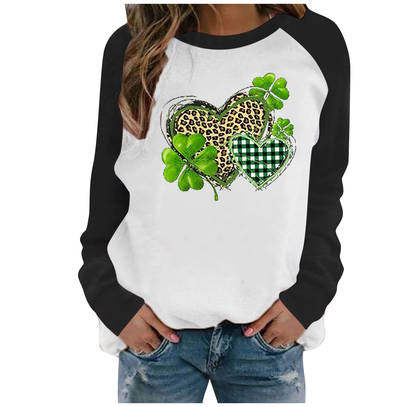 GIANTHONG Womens Raglan Sleeve Shirt Pullover Tops, Soft Loose Casual Crewneck Colorblock Clover Gift Sweatshirt for Women