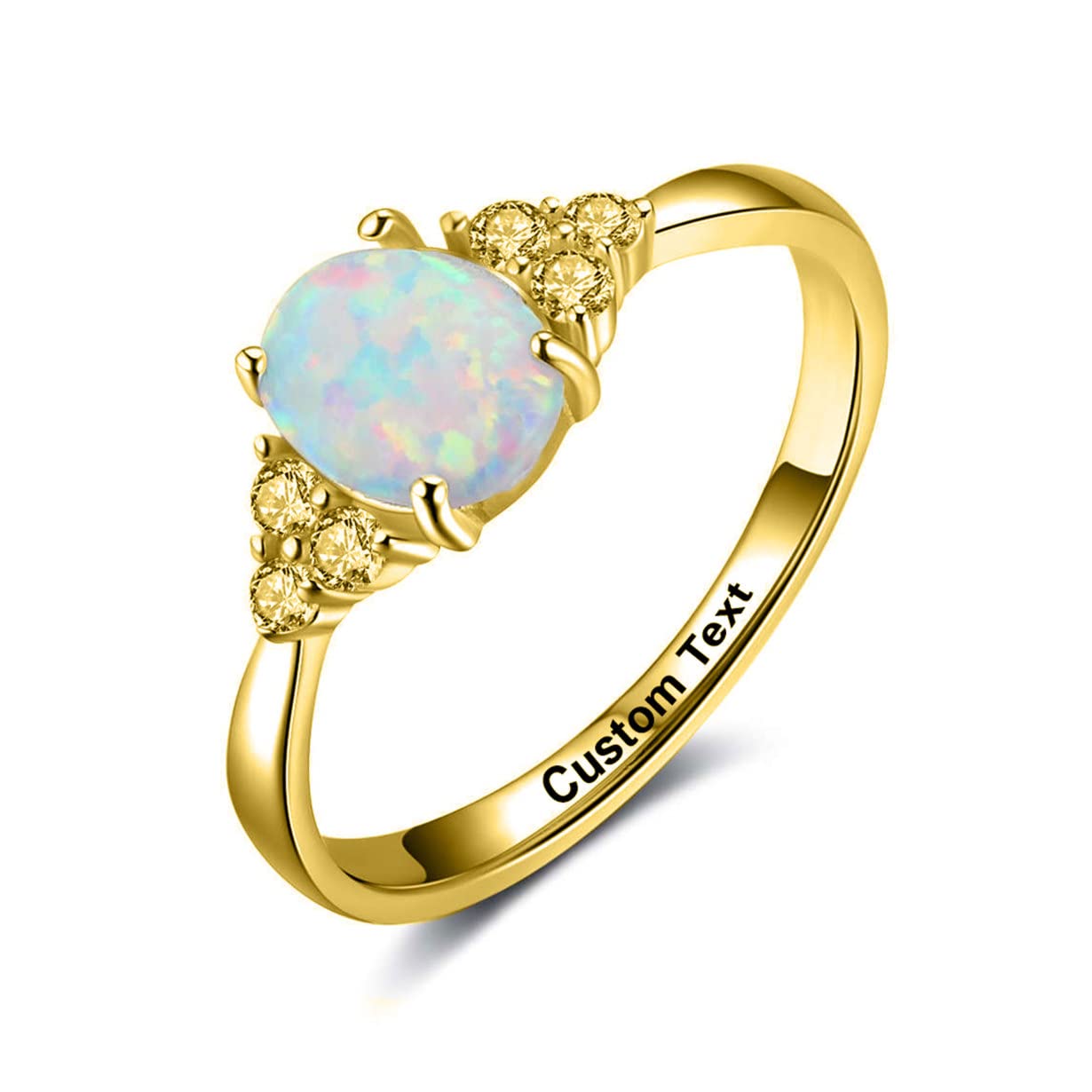 Heywords Dainty Simple Rings Opal Ring for Women Oval Lab Created White Opal & Round Cubic Zirconia Personalized Engraved Custom Name Sterling Silver