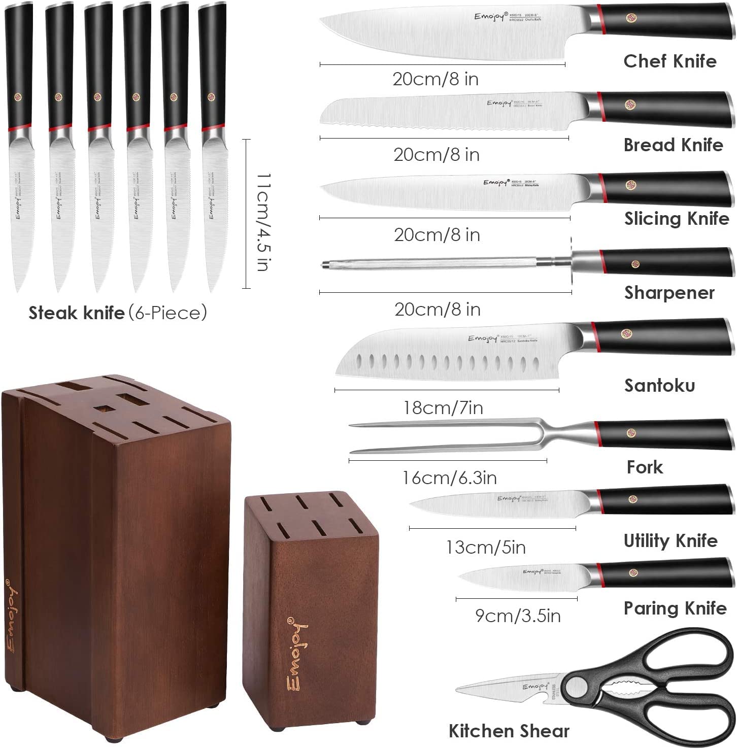 Emojoy Knife Set, 16-Piece Kitchen Knife Set with Block and Serrated Steak Knives, Germany High Carbon Stainless Steel Knife Block Set