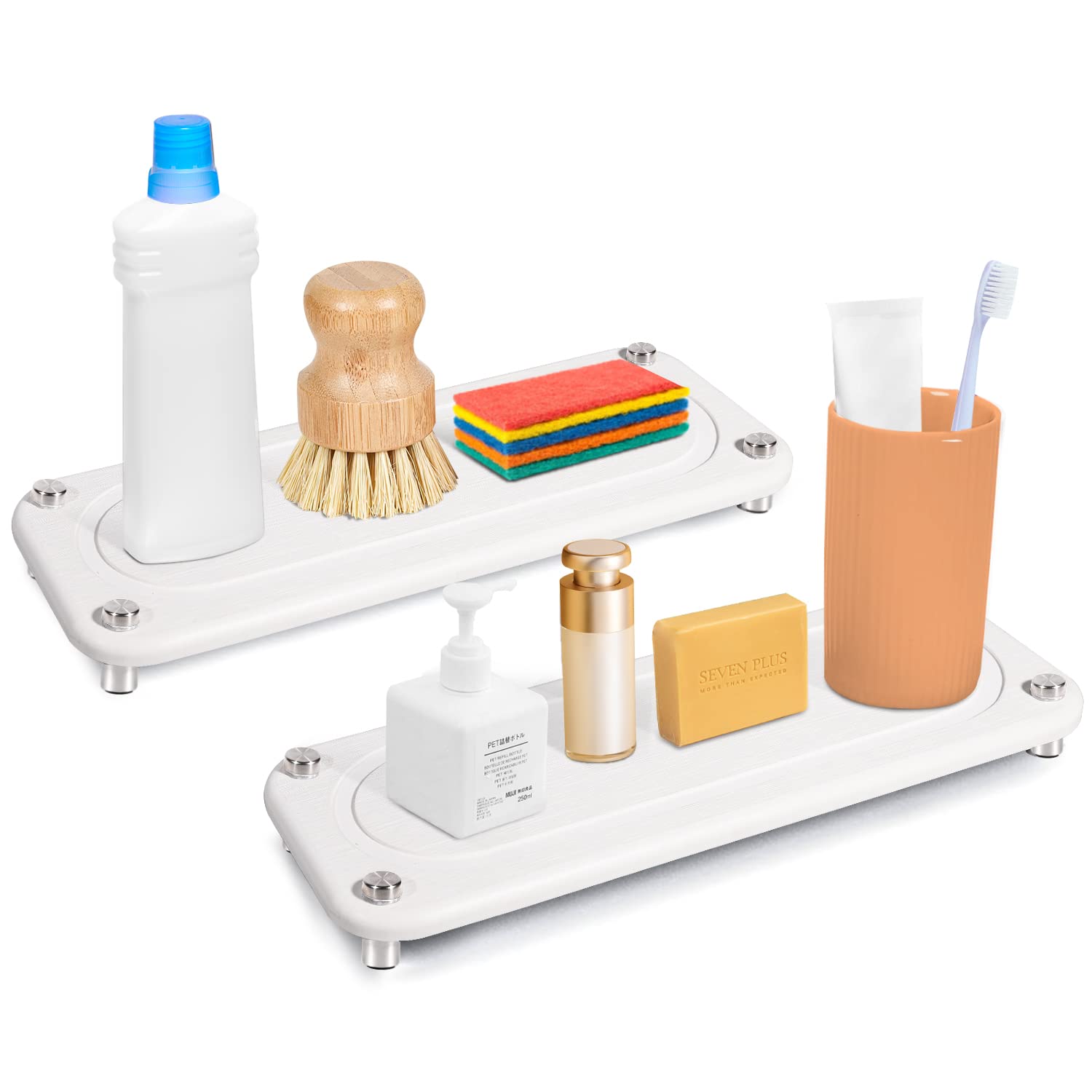 Instant Dry Sink Organizer 2PCS, Sponge Holder Fast Drying Stone, Natural Diatomite Material, Soap Holder with Rustproof Stainless Feet, Sink Caddy for Kitchen Bathroom Counter, White