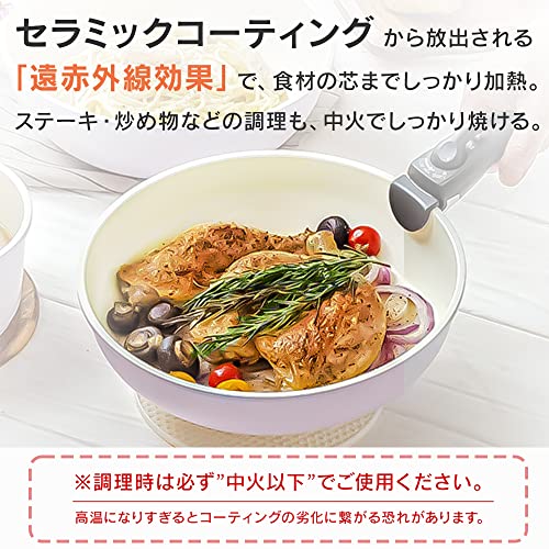 Iris Ohyama H-CC-SE14P 14-Piece Frying Pan with Handle Removable Handle, IH Compatible with Gas Fire, 10.2 inches (26 cm), 7.9 inches (20 cm), Compact Storage, Lightweight, Ceramic Color Pan,