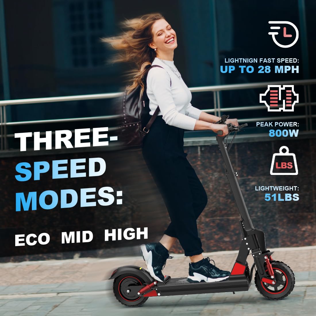 Electric Scooter,Fast-Charging 800W Motorized Scooter,24 Miles Range, 28 MPH Portable Folding Commuter Electric Scooter for Adults (Red)