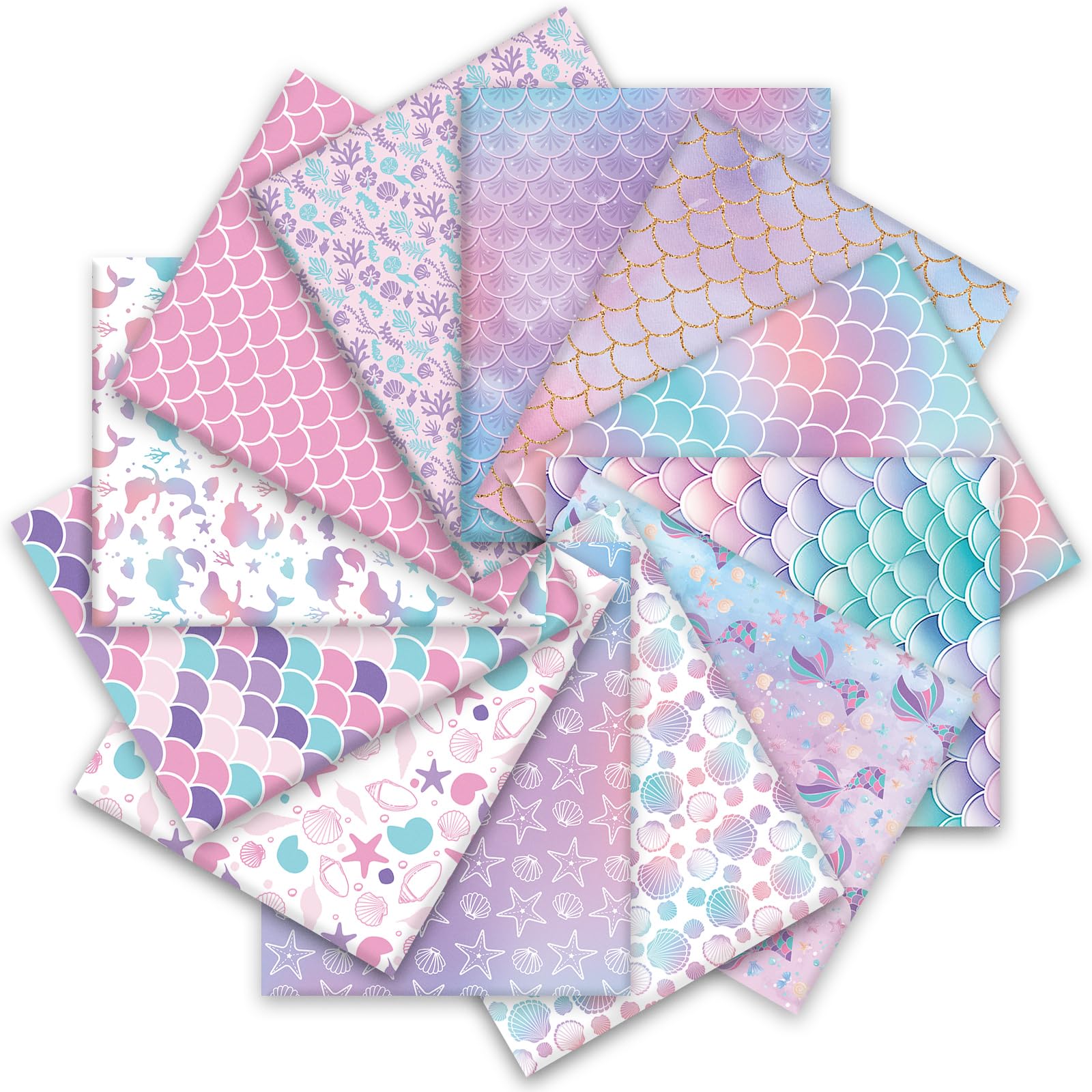 Whaline 12Pcs Mermaid Cotton Fabric Bundles Colorful Mermaid Scales Fat Quarters Underwater Quilting Patchwork for DIY Handmade Craft Party Decor, 18 x 22 Inch
