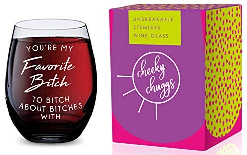 GSM Brands Stemless Wine Glass for Women (Favorite Bitch to Bitch About) Made of Unbreakable Tritan Plastic and Dishwasher Safe - 16 ounces