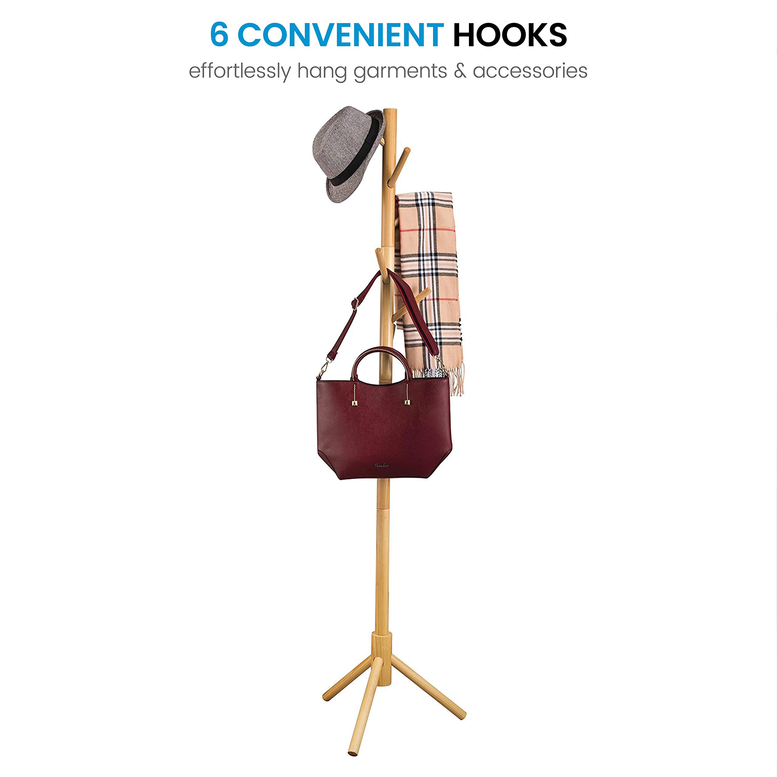 ZOBER Coat Rack Free Standing - Wooden Coat Tree W/ 6 Hooks - Coats, Purses, Hats - Adjustable Sizes, Easy Assembly - Natural