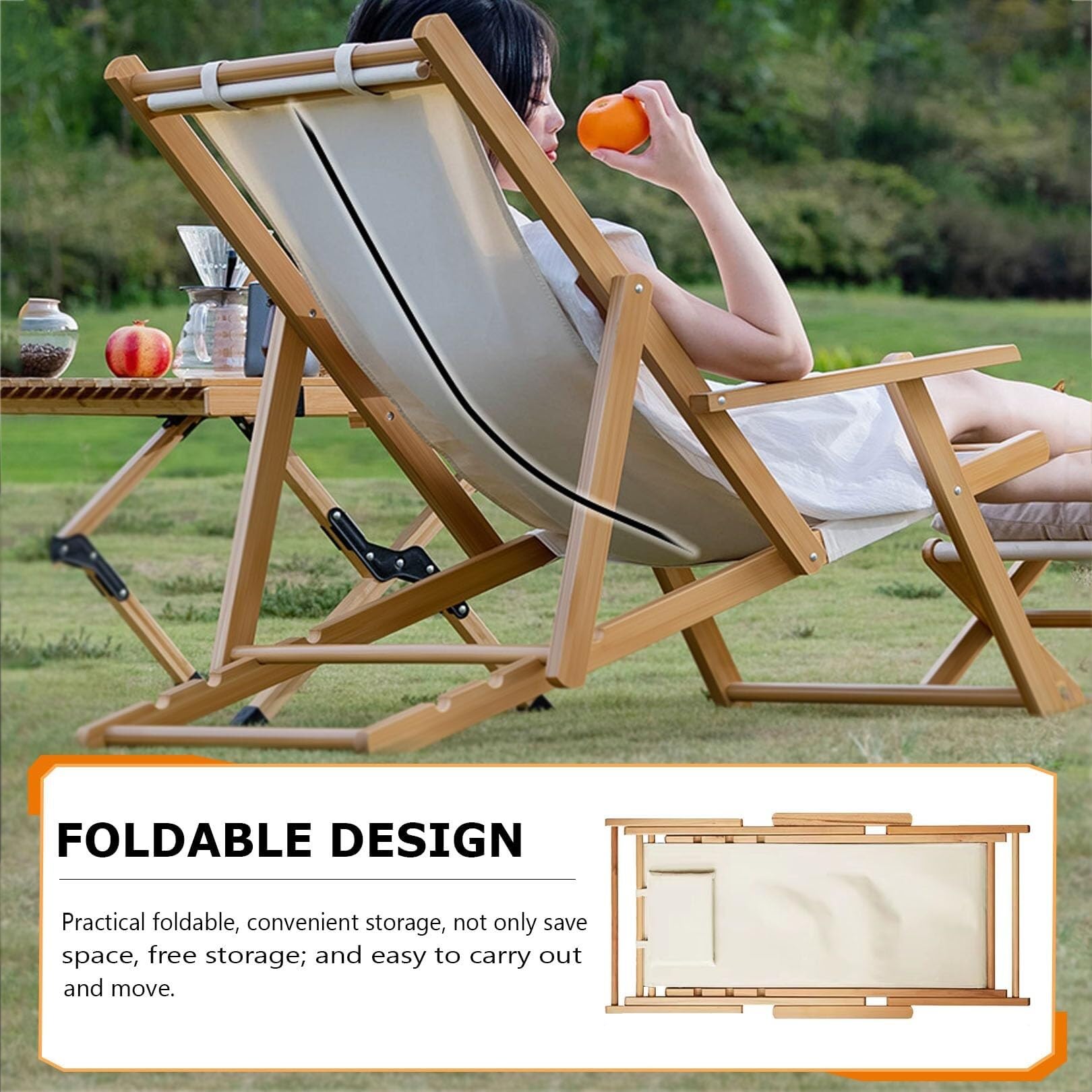 Outdoors Pool Chaise Lounger, Folding Lounge Recliner Chairs, Wooden Sunbathing Chair with 4-Position Adjustable Backrest and Arm, Assemble-Free(Beige)