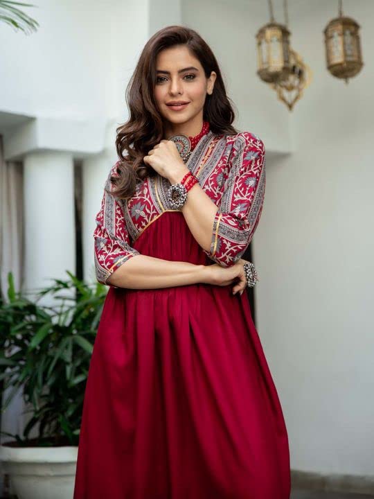 FIDOZA Women's Rayon Printed Anarkali Embroidery Kurti | Pakistani Style Rayon Printed Kurti For Women | Ready to wear (Red, L)