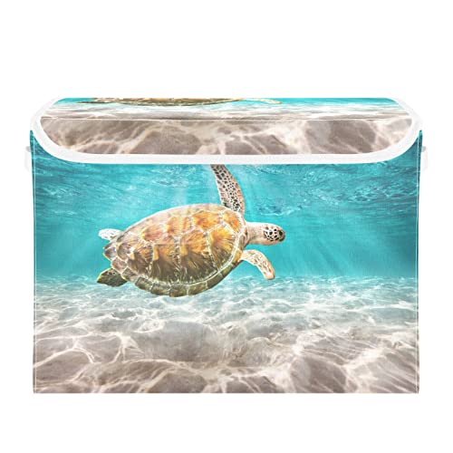 Kigai Storage Basket Underwater Sea Turtle Storage Boxes with Lids and Handle, Large Storage Cube Bin Collapsible for Shelves Closet Bedroom Living Room, 16.5x12.6x11.8 In