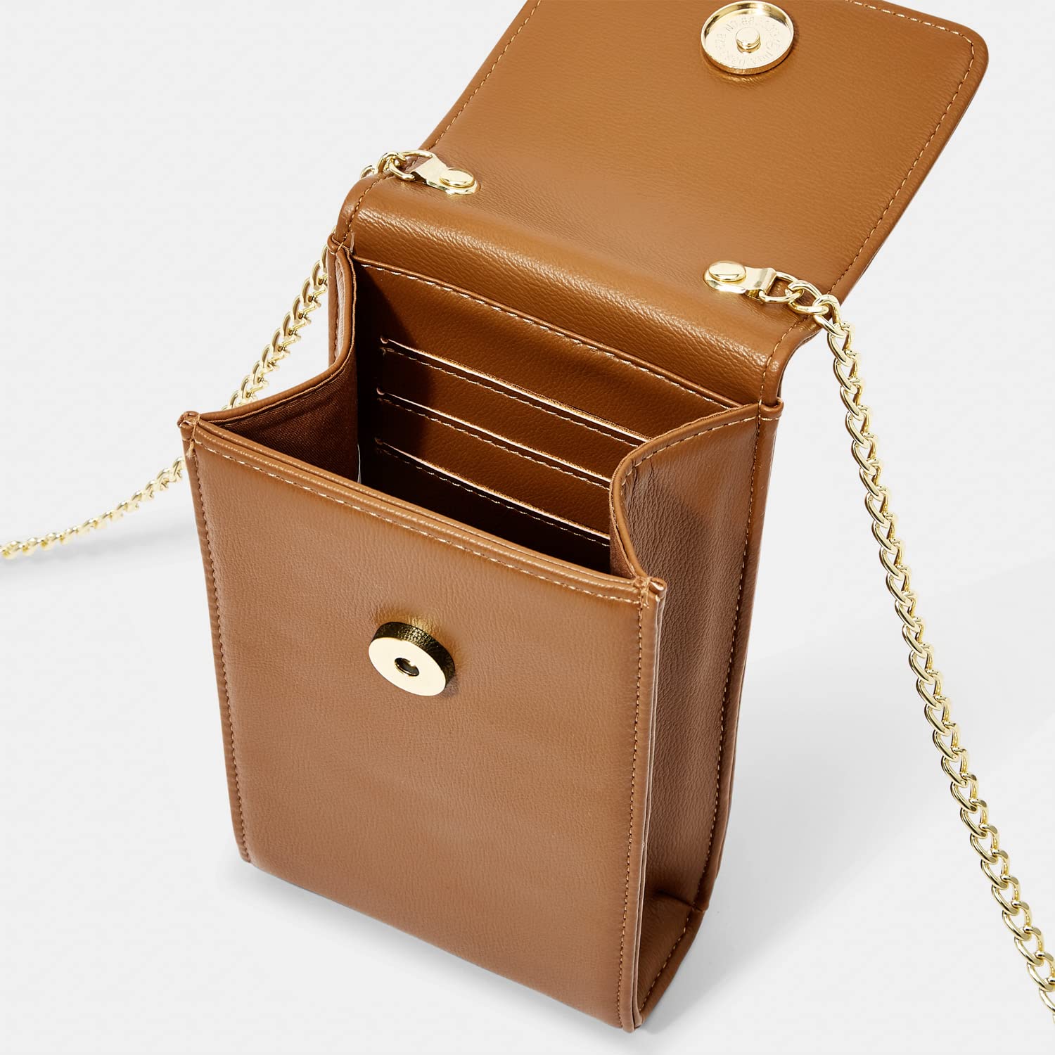 KATIE LOXTON Amy Small Womens Vegan Leather Chain Strap Mini Crossbody Clutch Handbag Purse Tan