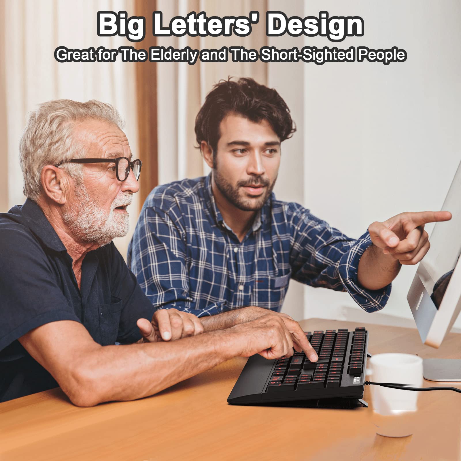 Large Print Keyboard Backlit, Wired USB High Contrast Keyboard, Full Size Large Font Print Keyboard with White Illuminated LED Compatible for Kids Elderly or Visually Impaired