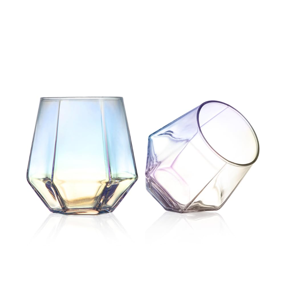 Glitzibles Premium Cube Glass Cup Set - Stemless Wine Glass Set of 2 (10 Oz) - Iridescent Glassware Gift for Wine Lovers - Diamond Rainbow Glasses for White Wine, Red Wine, and Bourbon