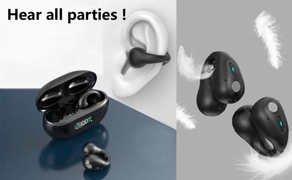 QLXAQLX Clip Bone Conduction Headphones Clip-on Wireless Earbuds Built-in Mic Sweat Resistant Noise Cancelling Earphones Open Ear Design Earphones Headset for Cycling Driving led Display (White)