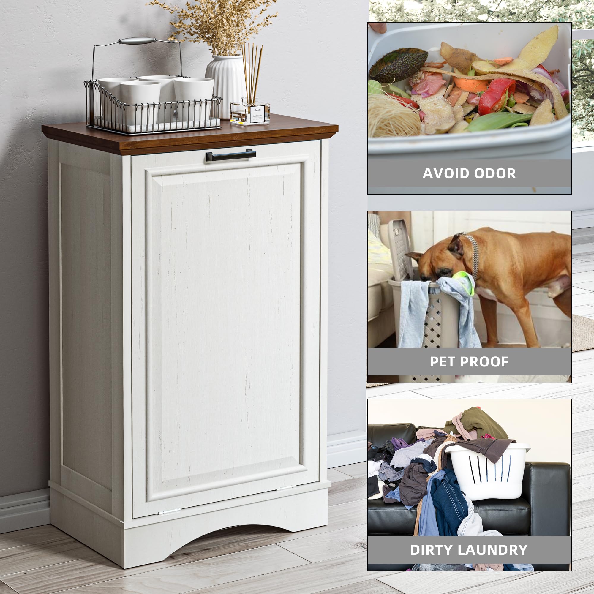 OUTGUAVA 13 Gallons Tilt Out Trash Cabinet Free Standing Kitchen Trash Bin Cabinet Recycling Garbage Cabinet with Deodorizing Function Pet Proof Trash Can Holder for Kitchen Living Room, Antique White