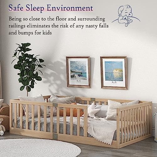 Tatub Twin Floor Bed with Safety Guardrails, Montessori Floor Bed for Kids, Wood Kids Floor Beds Frame, Entry Can Install Left and Right, Twin-Nature