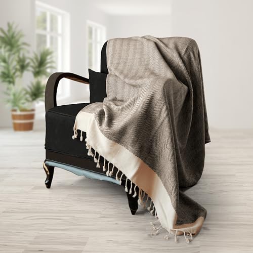 SMYRNA TURKISH COTTON 60 x 80 inches Large Throw Blanket, Herringbone Series, 100% Oeko-Tex Cotton, Machine Wash, Super Soft, Outdoor Throws and Blankets for Couch, Sofa, Bed, Beach, Picnic, Beige