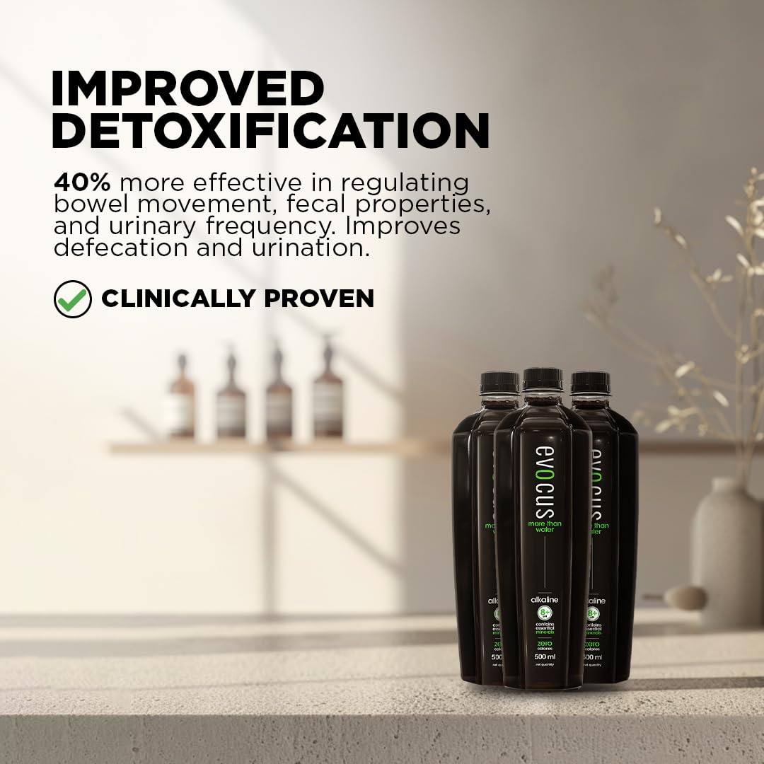 Evocus Black Alkaline Water | 8+ pH Water | Infused with Essential Minerals | Keeps you Hydrated | PACK OF 6 * 500 ml EACH | ZERO SUGAR | ZERO CALORIES | ZERO CARBS | ZERO CAFFEINE