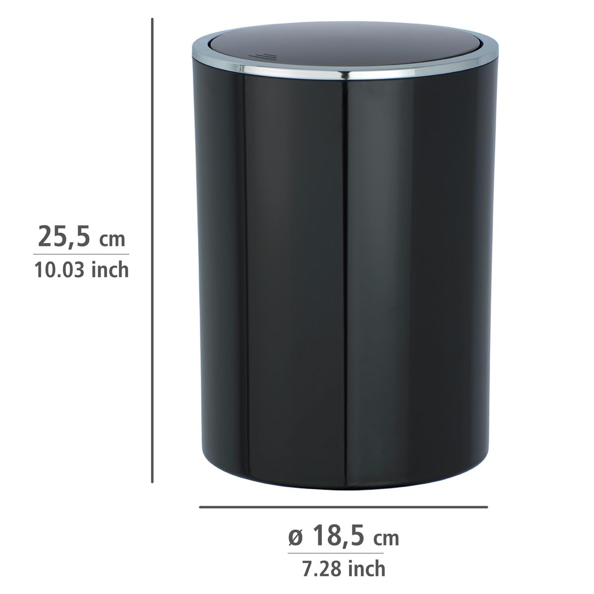 WENKO Inca Trash Can with Lid, Waste Bin with Swing Lid, Small Trash Can, Mini Trash Can, Small Garbage Can, Small Waste Basket, 1.3 Gal, Ø 7.28 x 10.04 in, Black