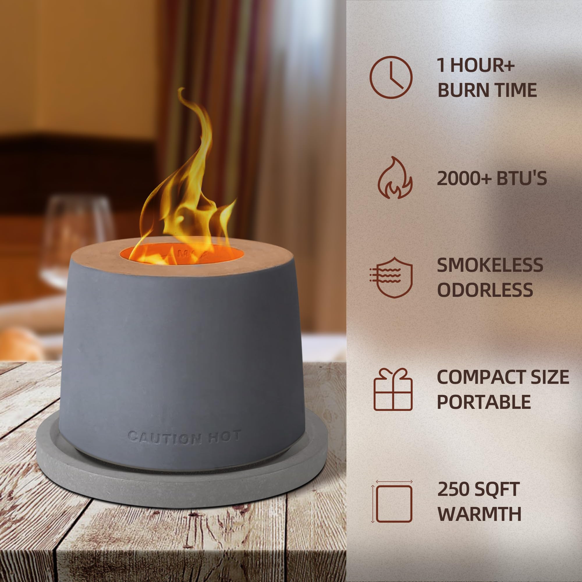 Fire Pit Indoor Tabletop Fireplace, Concrete Tabletop Fire Pit Smokeless Fire Pit, Table Firepit Indoor Outdoor Fireplace Portable Fire Pit, Mini Outdoor Fire Pit, 6’’ Dark Gray Base Included
