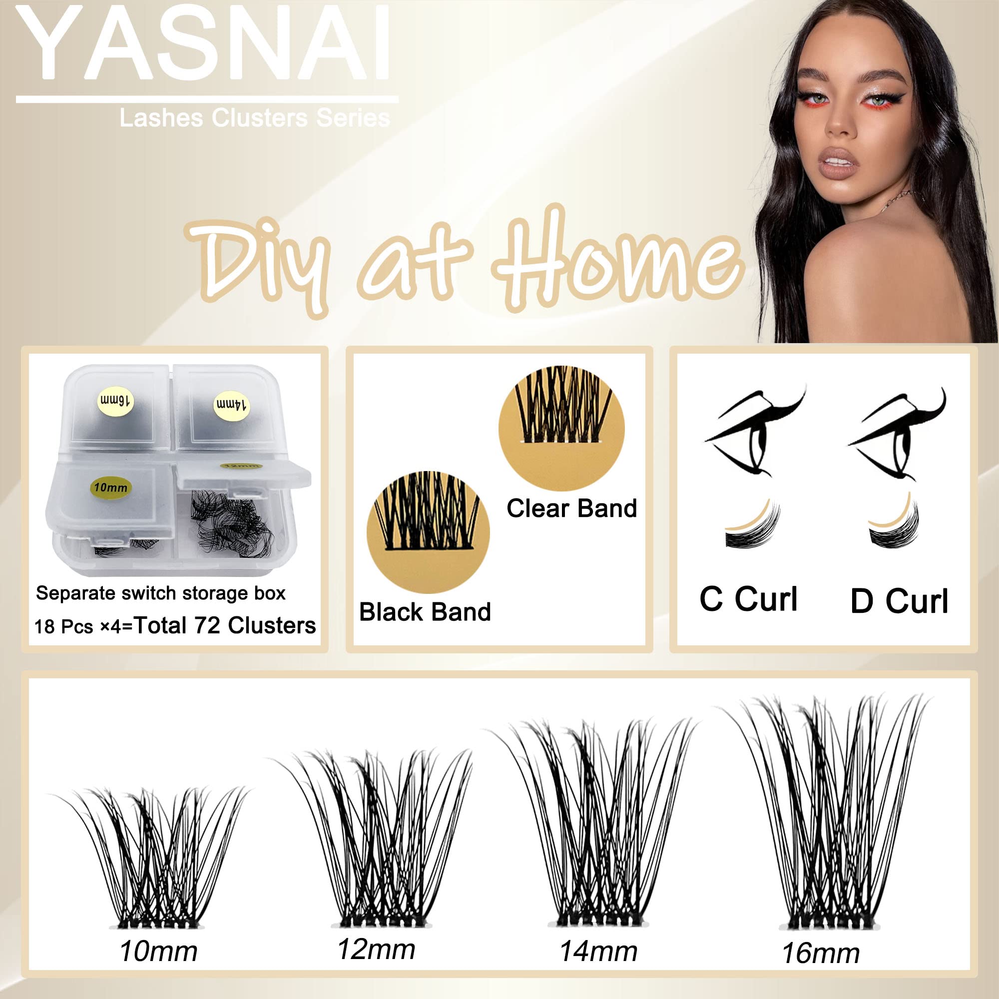 Lash Clusters DIY Eyelash Extension YASNAI Clusters Lashes 72 Pcs Individual Extensions Eyelsh Clusters Soft Natural Lightweight 10/12/14/16mm Mix Resuale Clusters Eyelash for Home Use