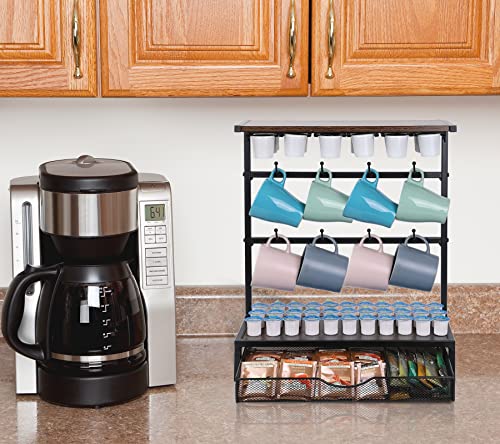 TQVAI Coffee Pods Drawer with Mug Hooks, 50 Capacity Coffee Pod Holder, Coffee Station Organizer for K Cups, Tea Bags, Espresso Capsule Coffee Creamer, Black/Archaize