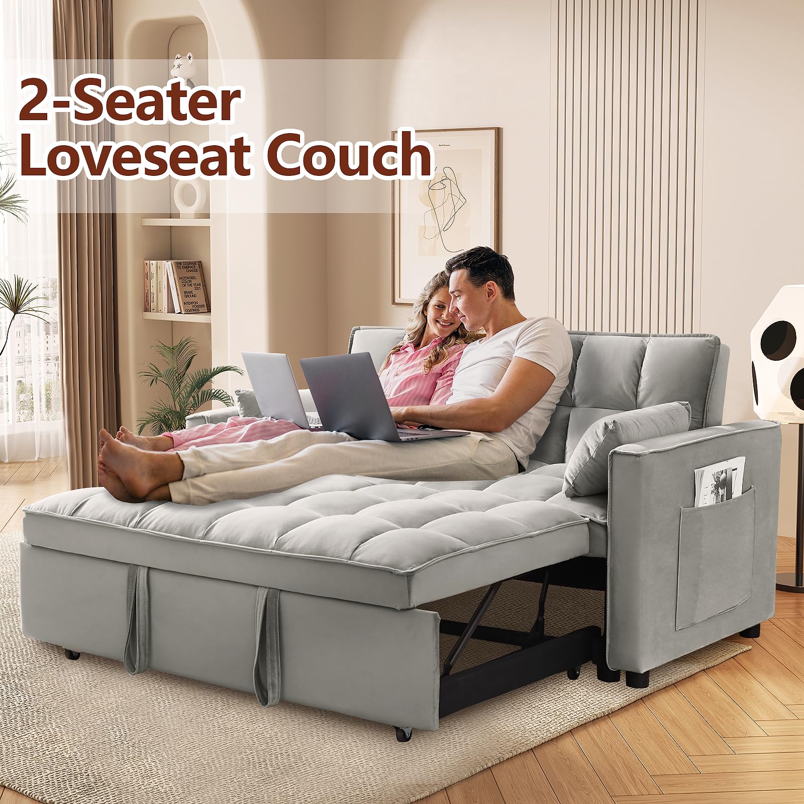 Nonlita Convertible Sofa Bed,3 in 1 Velvet Convertible Sleeper Sofa Bed,Lounge Sleeper Sofa with Pullout Bed,Small Love Seat Lounge Sofa w/Reclining Backrest,Toss Pillows, Pockets,for Living Room,Gray