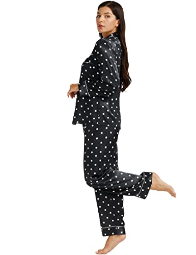 Womens Silk Satin Pajamas Set Sleepwear Loungewear Black XL