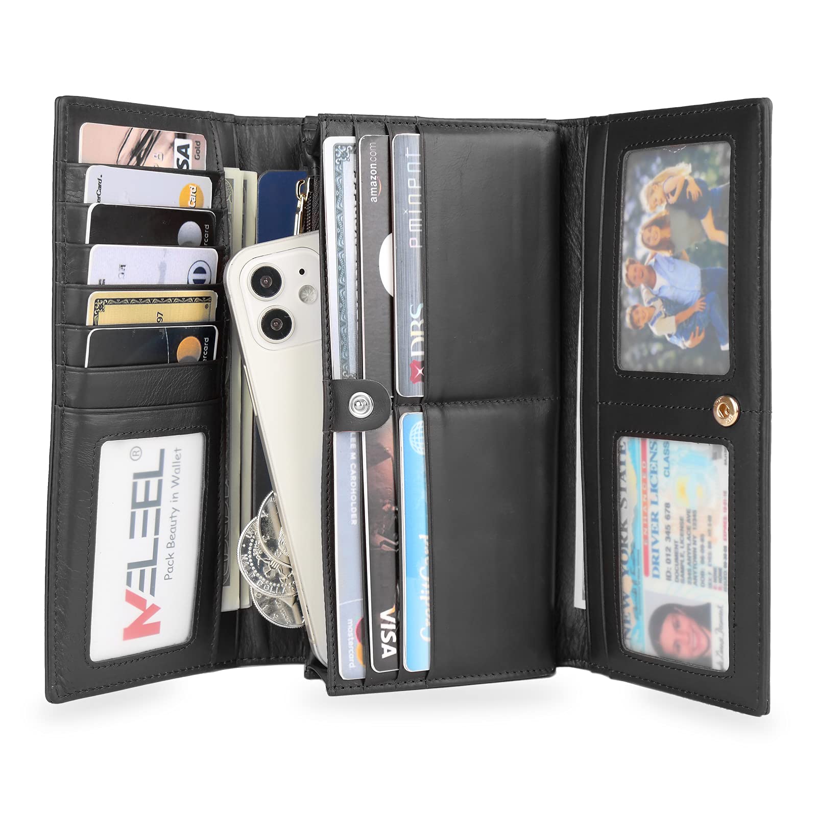 KELEEL Women Wallet RFID Blocking Genuine Leather Trifold Clutch Long Wallets Ladies Purses Multi Card Holder Phone Organizer (Classic Black)