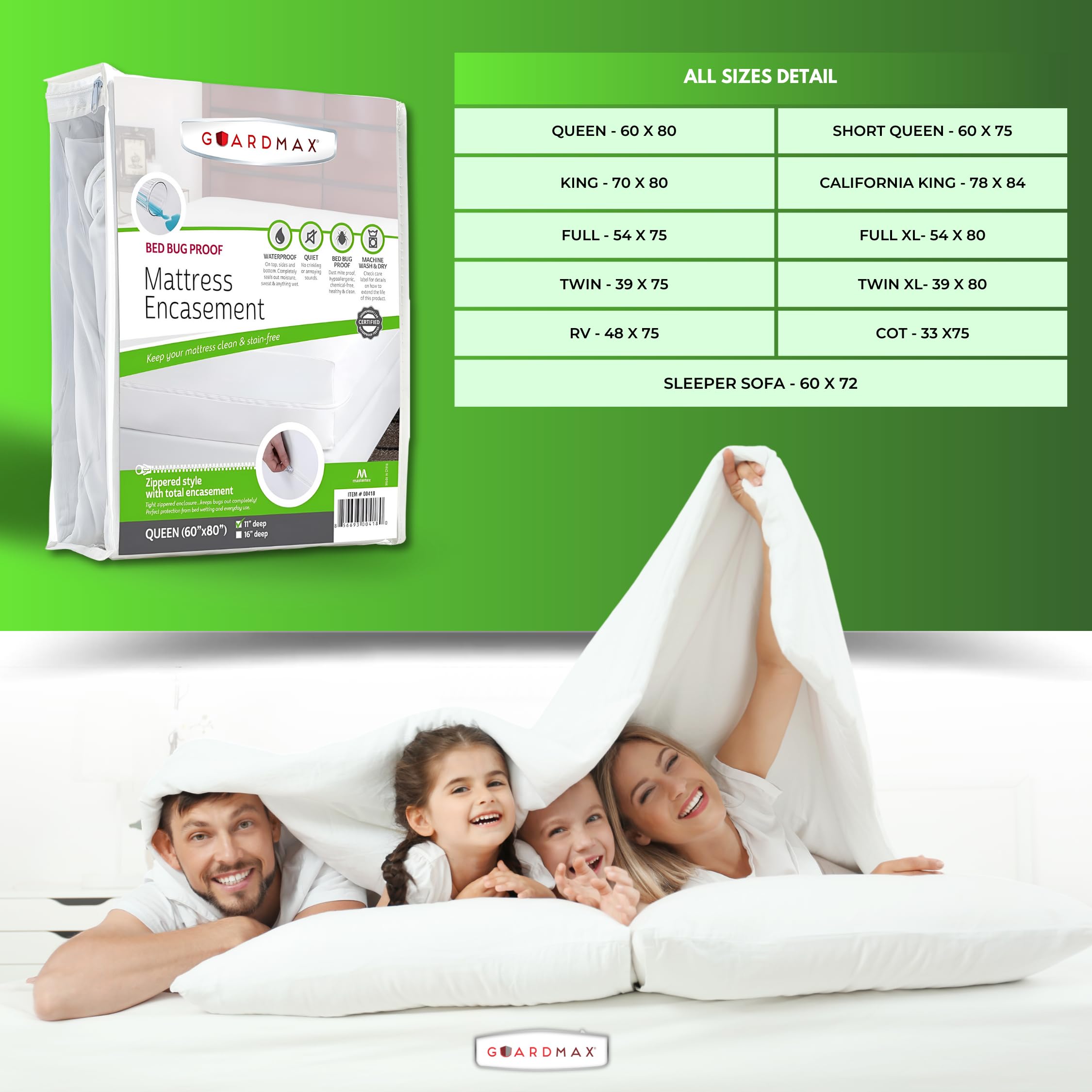 Guardmax Full XL Mattress Cover - 100% Waterproof, Bed Bug Proof, Hypoallergenic, Breathable, White