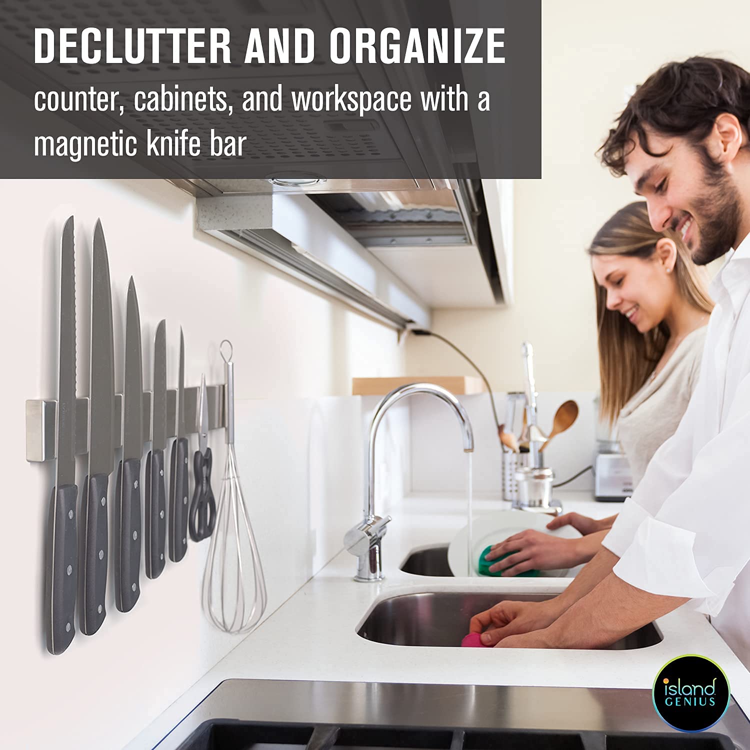 Island Genius 16 Inch Stainless Steel Magnetic Knife Holder Bar Strip for Wall - Kitchen Knife, Utensil and Tool Storage Organizer Magnet